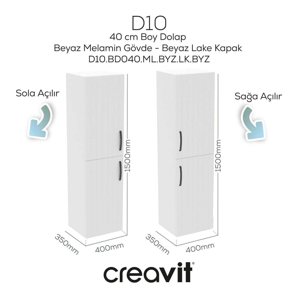 Creavit, D10 40 cm Sol Boy Dolabı Beyaz Melamin Gövde, Lake Kapak