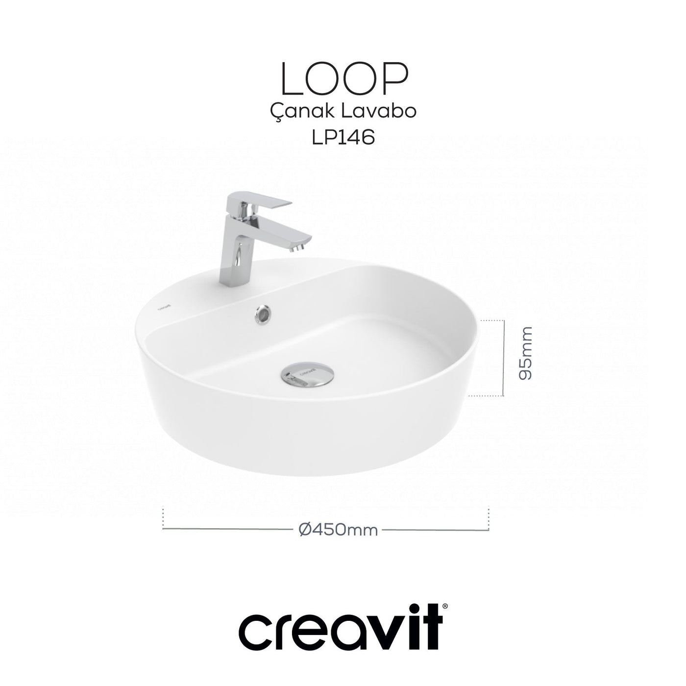 Creavit, Loop 45cm Masa Üstü Çanak Lavabo, Beyaz