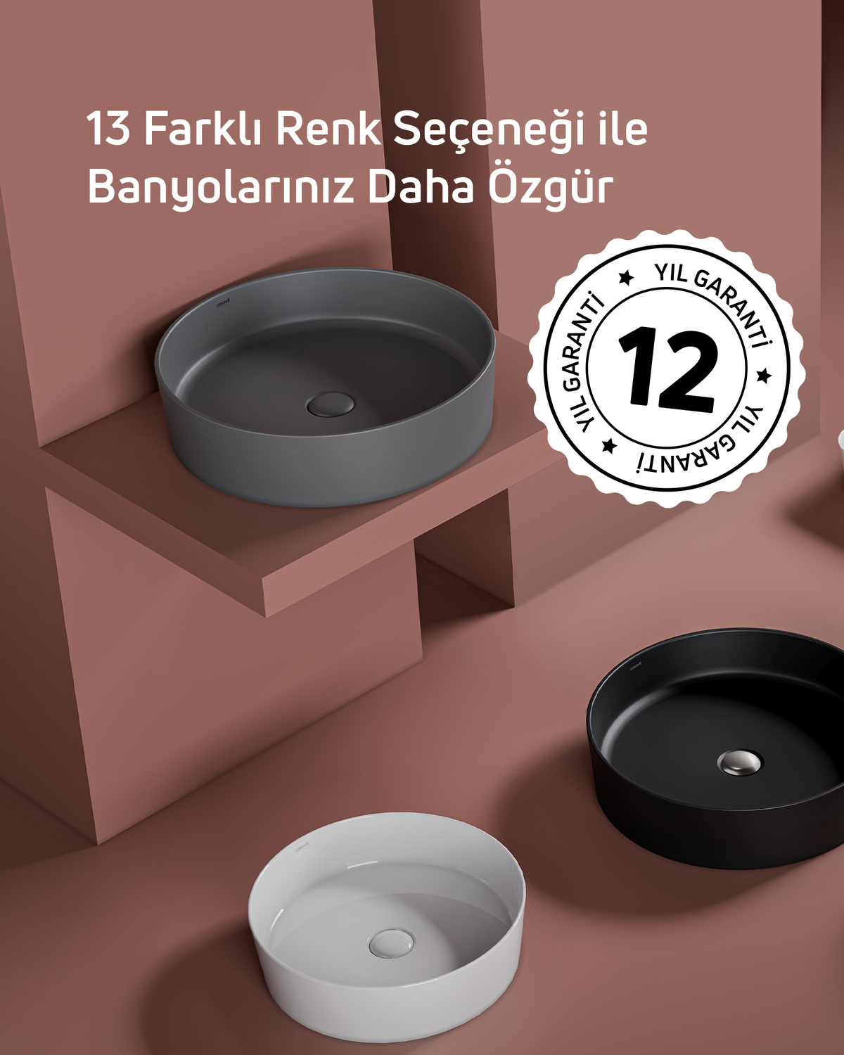 Creavit, Loop Yuvarlak Çanak Lavabo Ø45 cm, Extra Kömür Karası