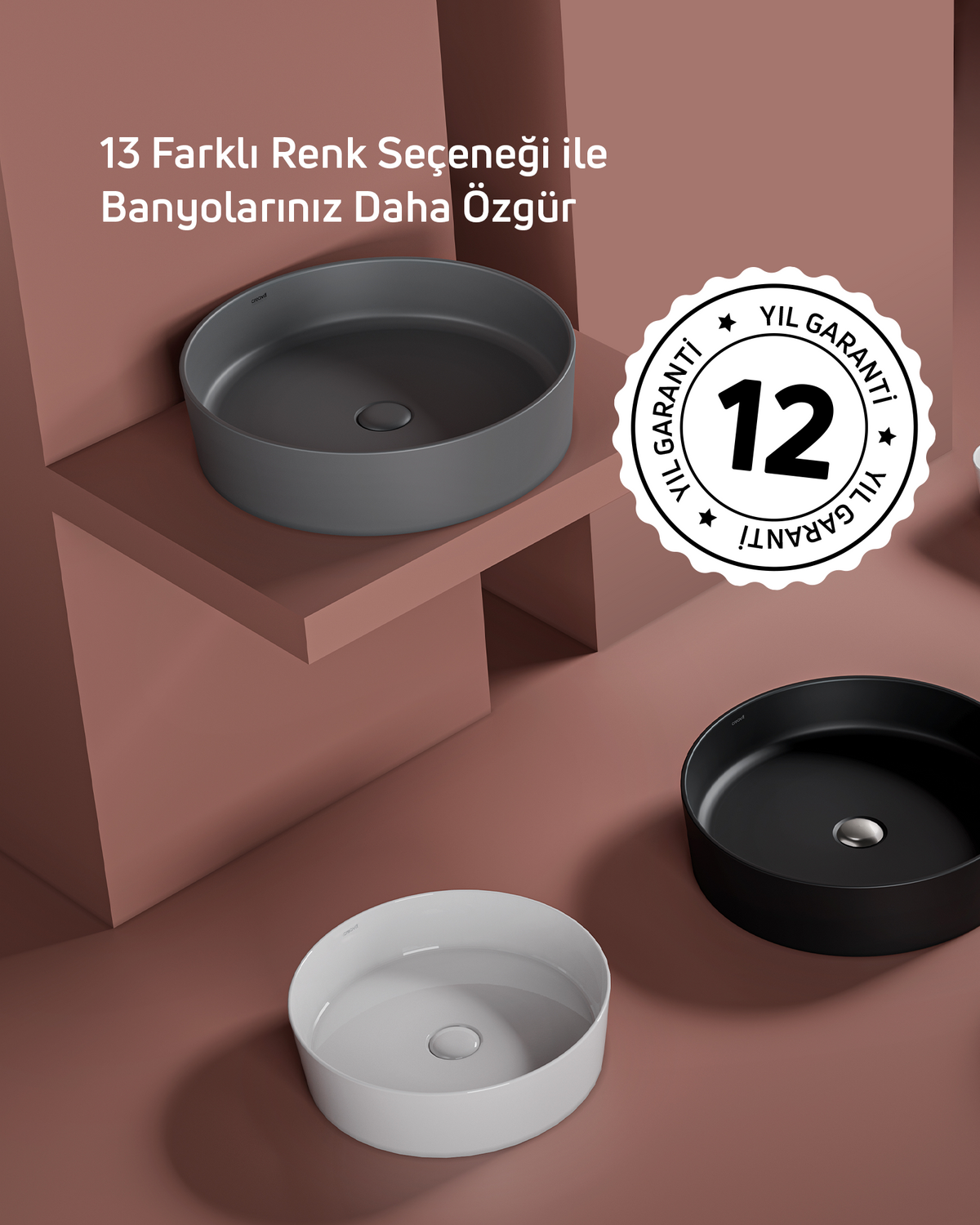 Creavit, Loop Yuvarlak Çanak Lavabo Ø45 cm, Extra Mat Beyaz