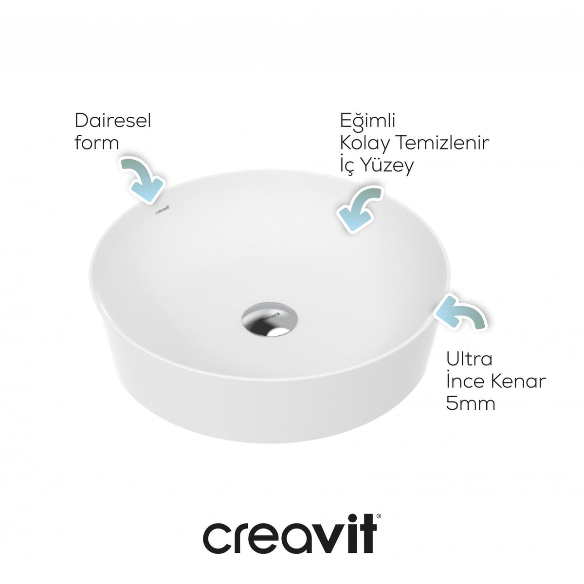Creavit, Ultra Yuvarlak Çanak Lavabo 45cm, Beyaz